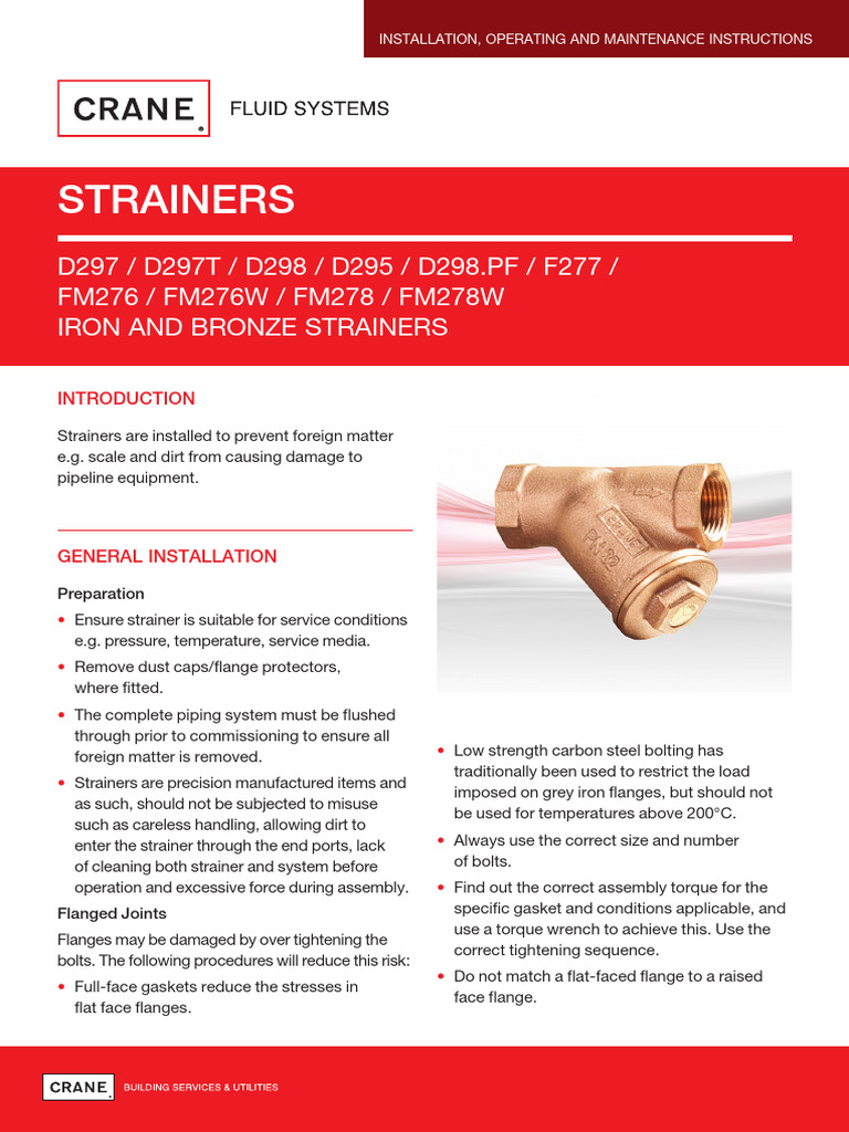 Strainers Crane FS IOM 1023 (1) | PDF | Valve | Pipe (Fluid Conveyance)