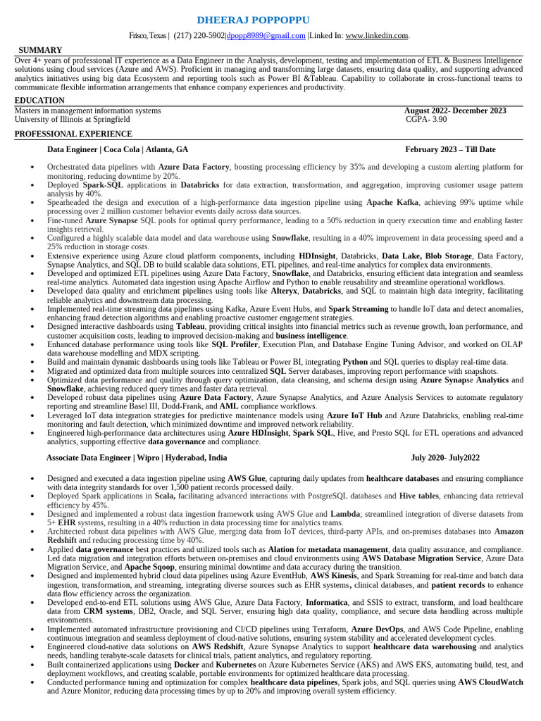 Resume Dheeraj.P Data Engineer | PDF | Apache Spark | Microsoft Azure
