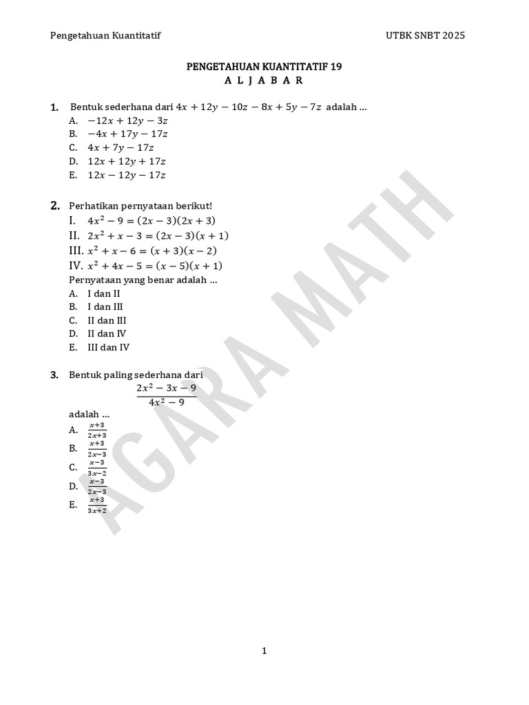 Pengetahuan Kuantitatif 19 AGARA MATH UTBK SNBT 2025 | PDF