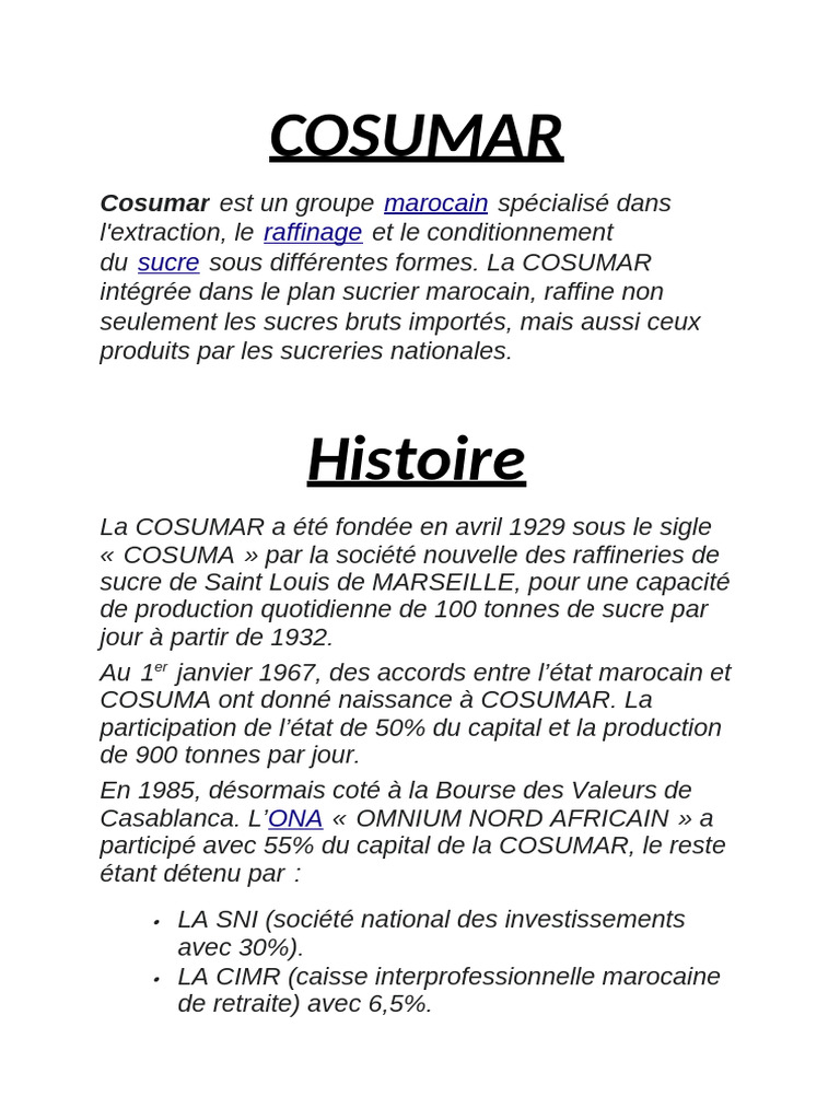 Leader du Sucre au Maroc : Cosumar | PDF