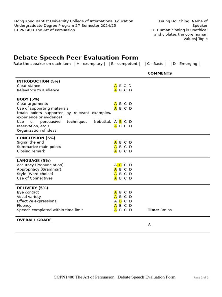 Debate Speech Peer Evaluation Form— Leung Hoi Ching | PDF | Persuasion ...
