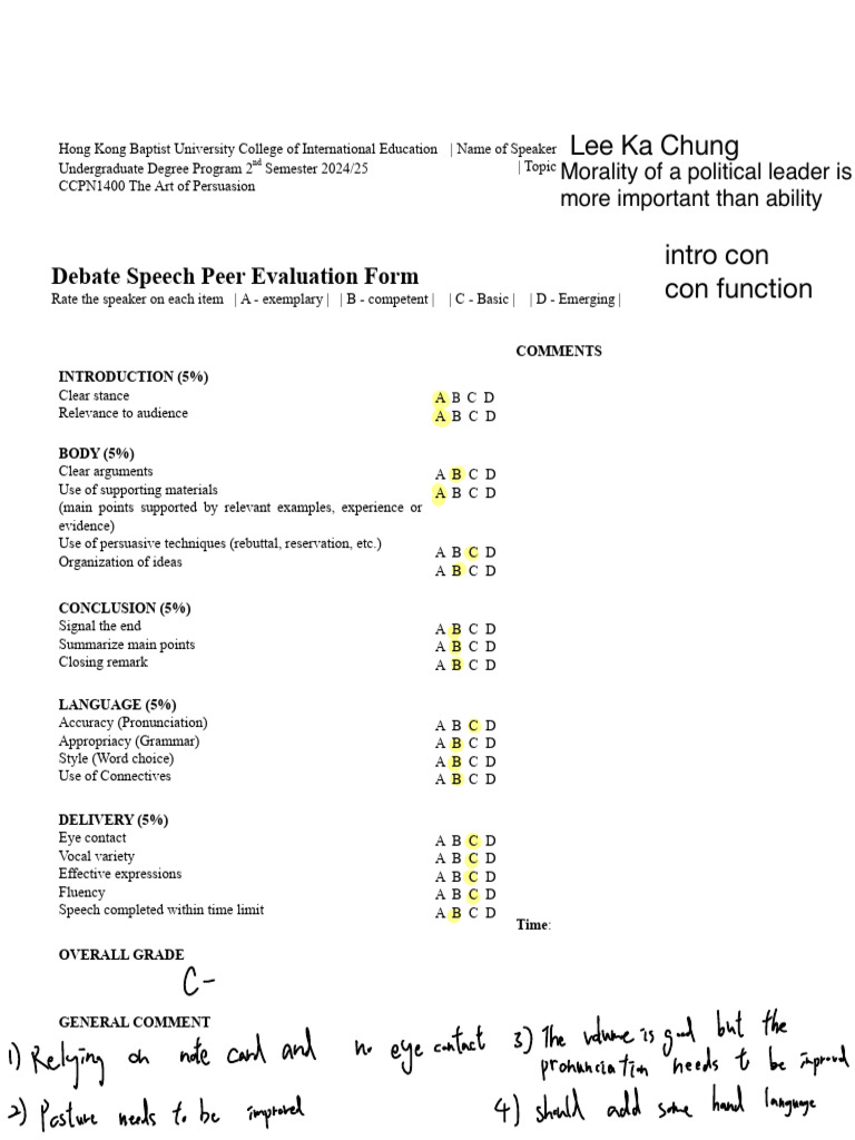 Debate Speech Peer Evaluation Form | PDF | Persuasion | Fluency