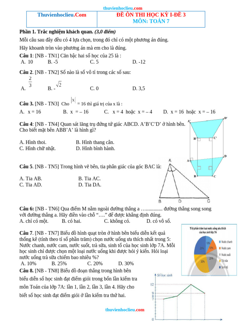 De On Thi HK1 Toan 7 CTST de 3 | PDF