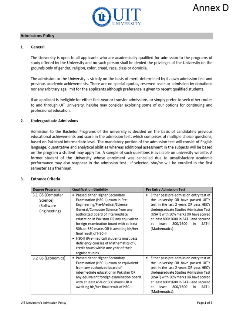 UIT University Admission Criteria 2025 | PDF | University And College ...