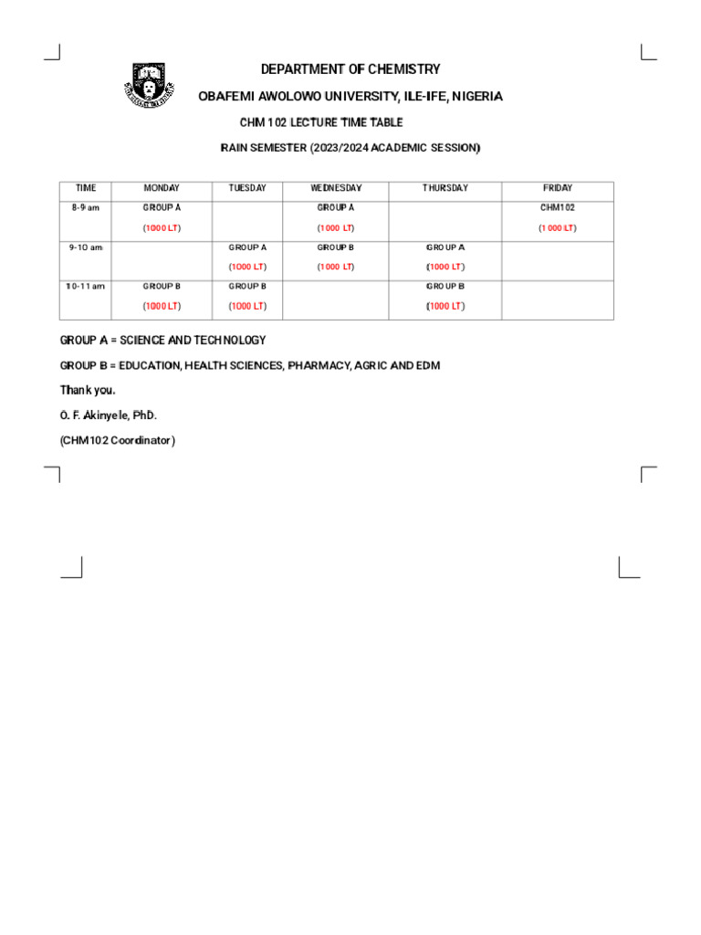 CHM 102 time table for students_Phoenix | PDF