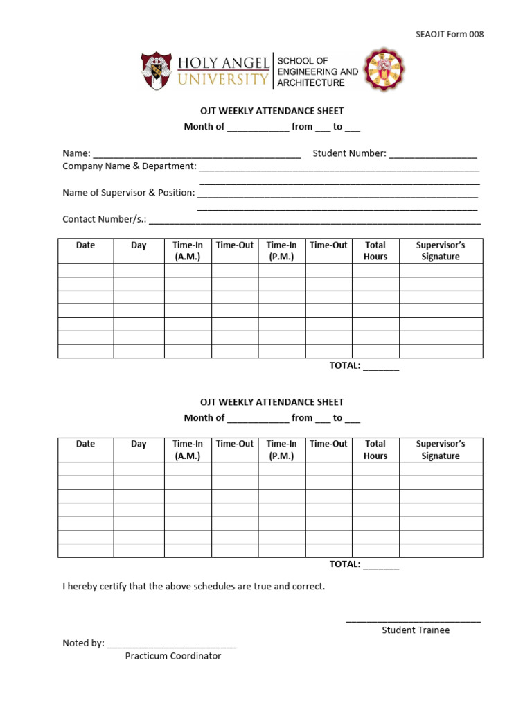 Form 008 OJT Weekly Attendance Sheet | PDF