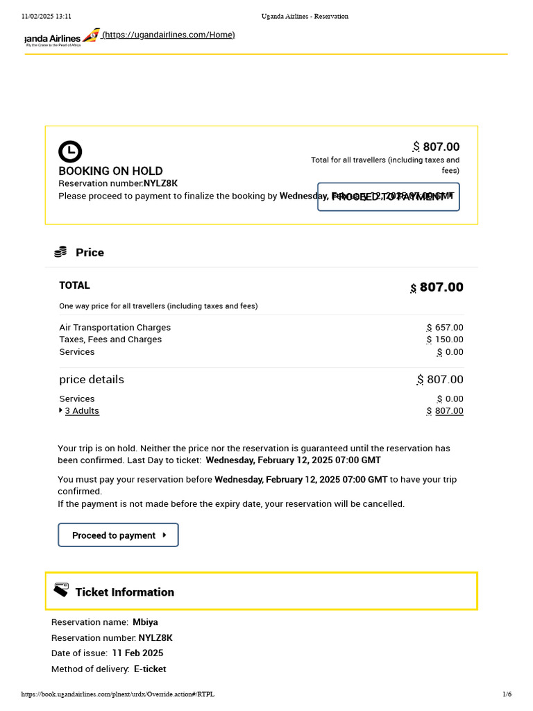 Uganda Airlines Booking Confirmation | PDF | Dangerous Goods | Frequent ...