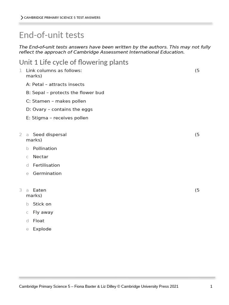End of Unit 1-Test Answers | PDF