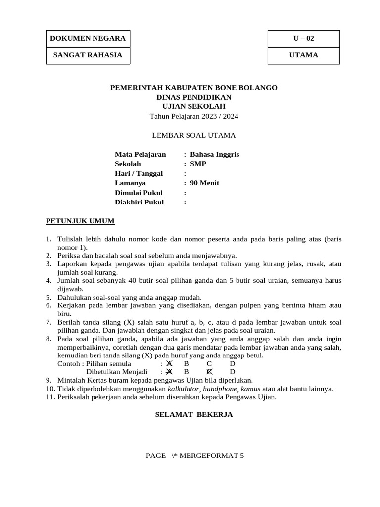 Soal Utama Bing Ujian Sekolah 2024 | PDF | Bamboo | Rabbit