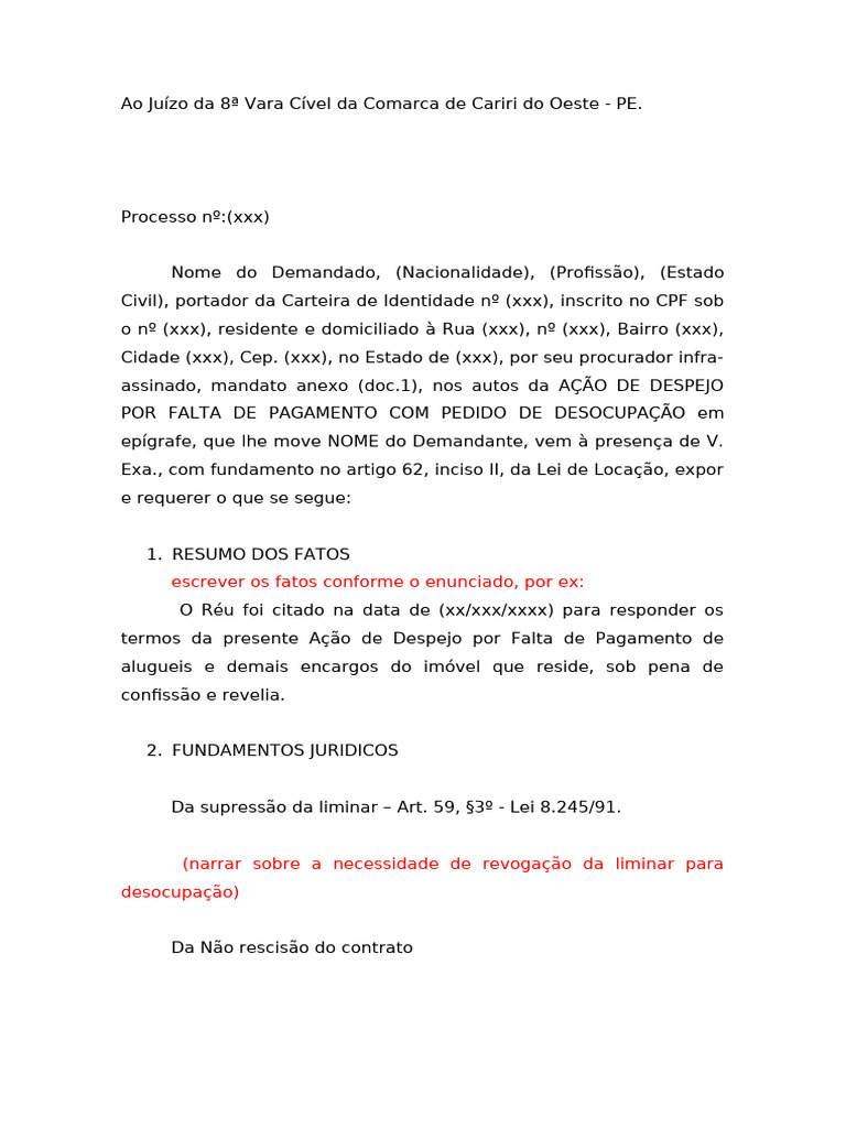 Modelo Purgação Da Mora S3 Civil | PDF | Aluguel | Injunção