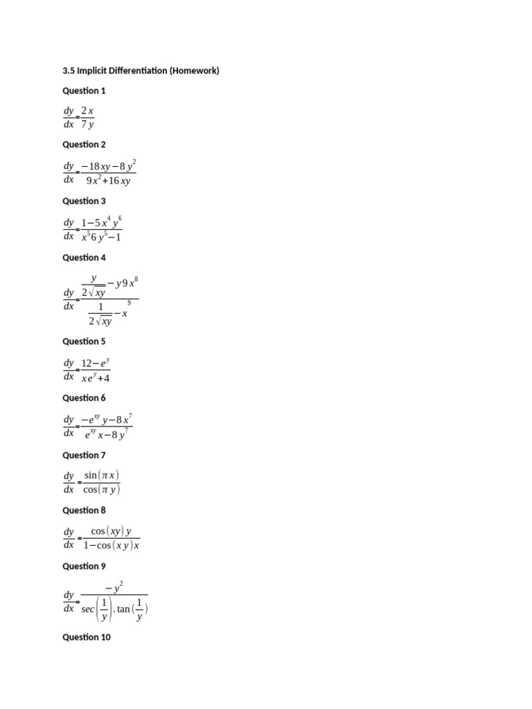 3.5 Implicit Differentiation (Homework) | PDF
