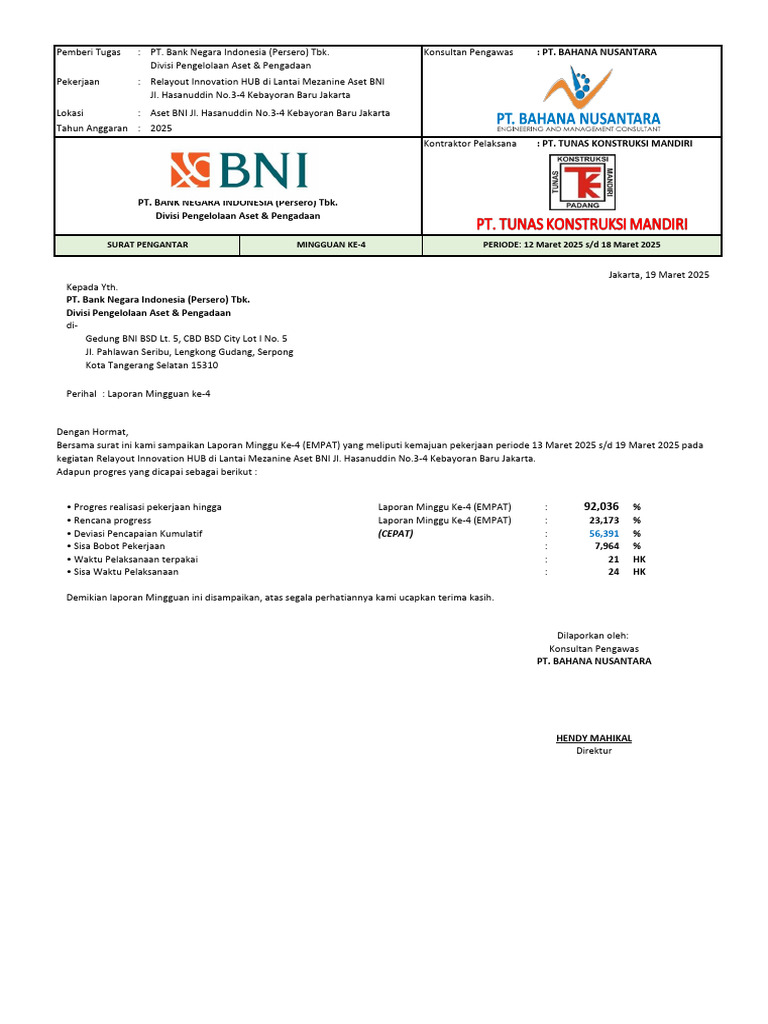 M4 - Bobot Progress Renov Innovation Hub Aset BNI Blok M | PDF