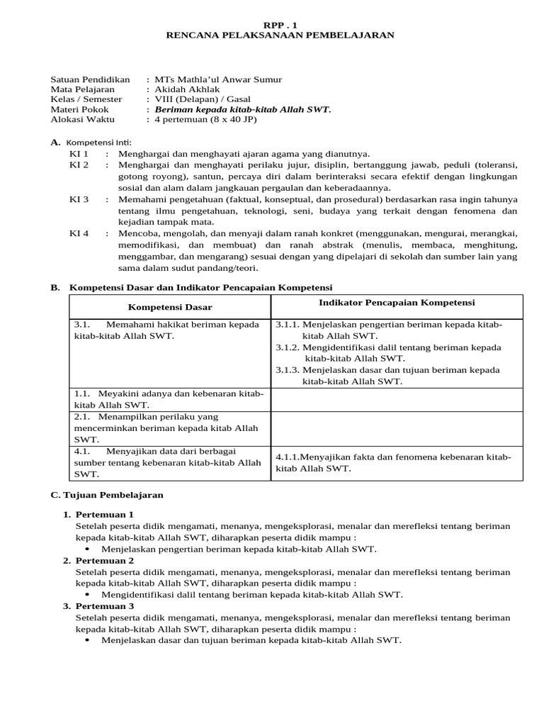 RPP Akidah Akhlak Kelas 8 THN 2023 | PDF