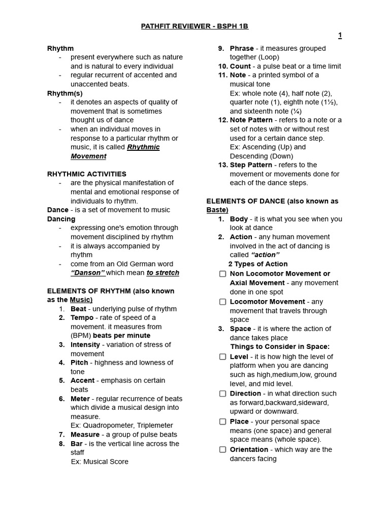 Pathfit Reviewer Second Sem 24 25 | PDF | Rhythm | Dances