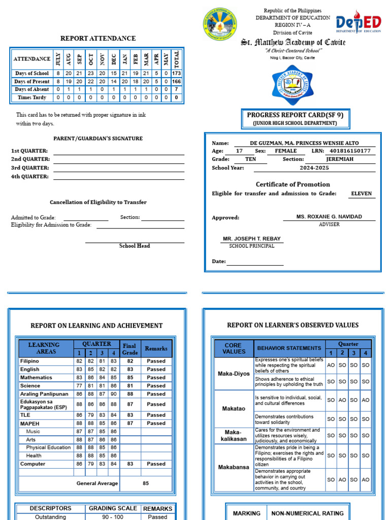 Progress Report Card - de Guzman | PDF