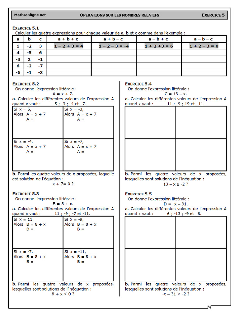 Chap 9 - Exercices 5 - Calcul Littéral, Équations - Inéquations - CORRIGE | PDF