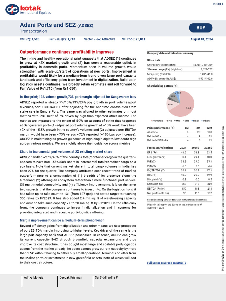 1 Adani Ports and SEZ 01august24 Kotak Inst | PDF | Balance Sheet ...