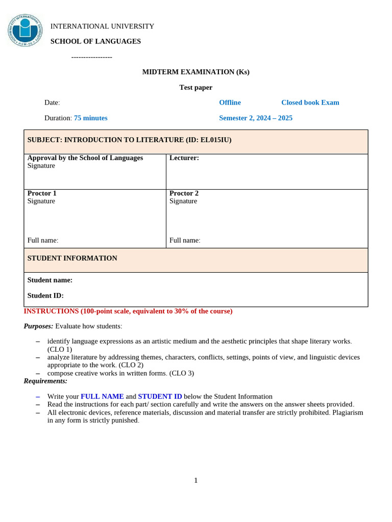 Midterm Exam: Introduction to Literature | PDF | Narration