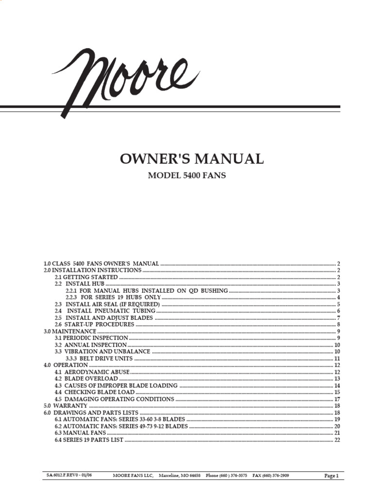 Moore Fans Model 5400 Owners Manual | PDF | Nut (Hardware) | Screw