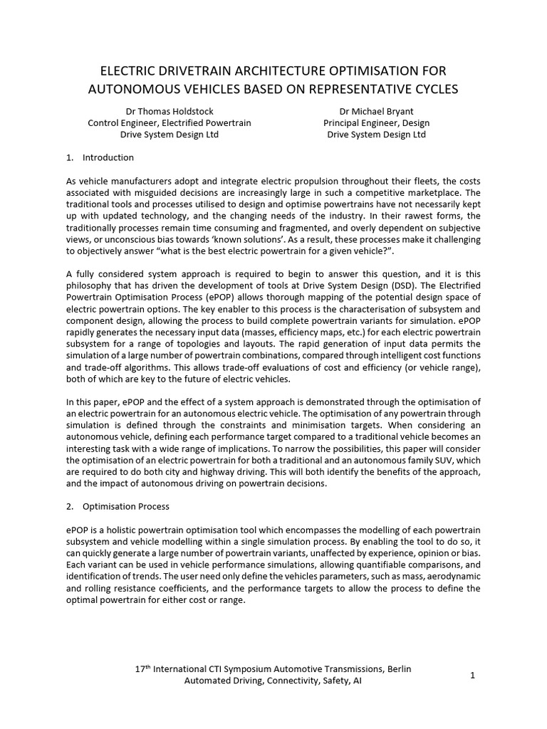 PAPER - Electric Drivetrain Architecture Optimisation For Autonomous Vehicles Based On ...