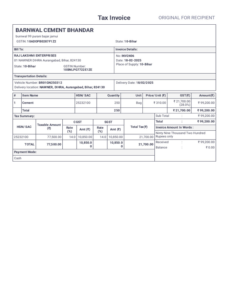 Tax Invoice for Cement Purchase | PDF | Government Finances | Public ...