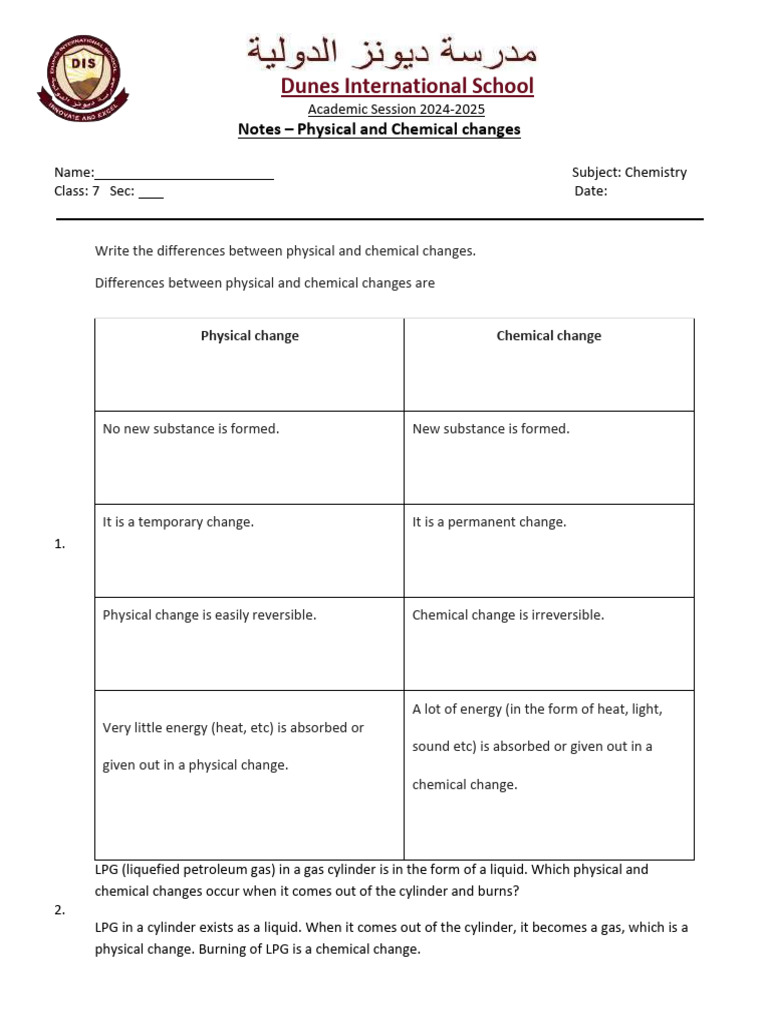 Physical and Chemical Changes - Notes | PDF | Rust | Chemical Reactions