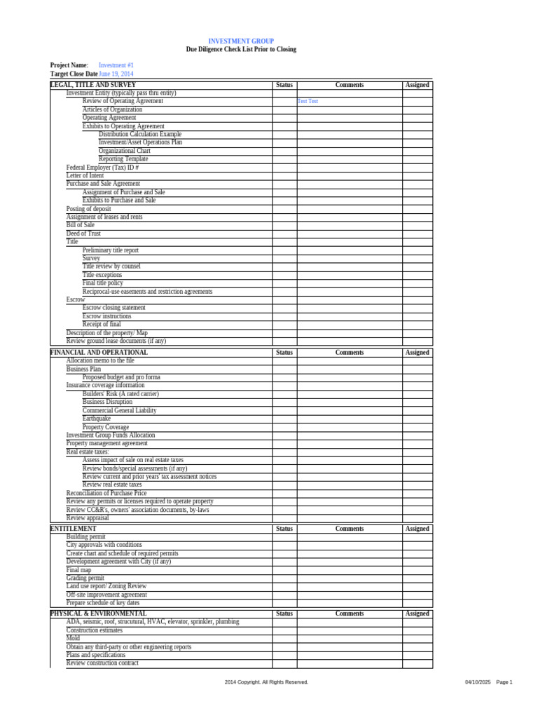 Due Diligence Checklist Template | PDF | Lease | Leasehold Estate