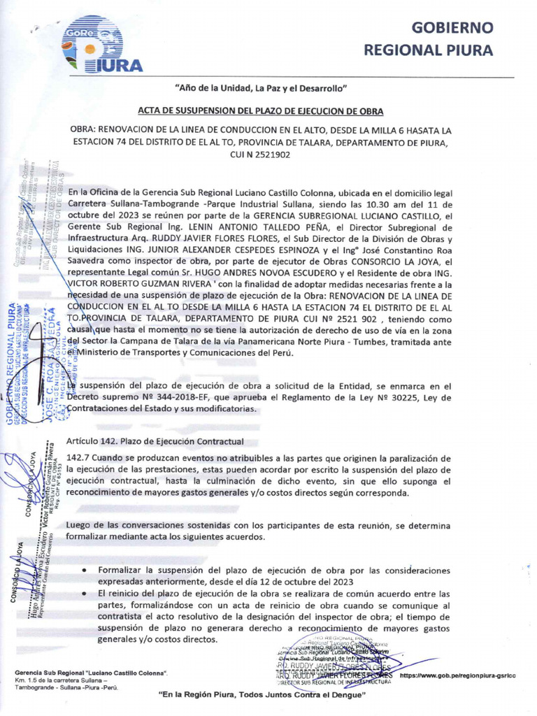 ACTA DE SUSPENSIÓN DE PLAZO DE EJECUCIÓN DE OBRA N°02 | PDF