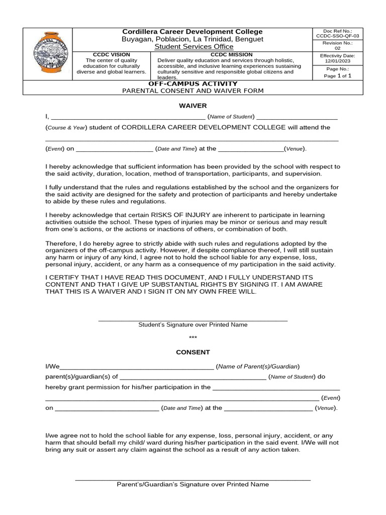 03 Off Campus Activity Waiver and Parental Consent | PDF