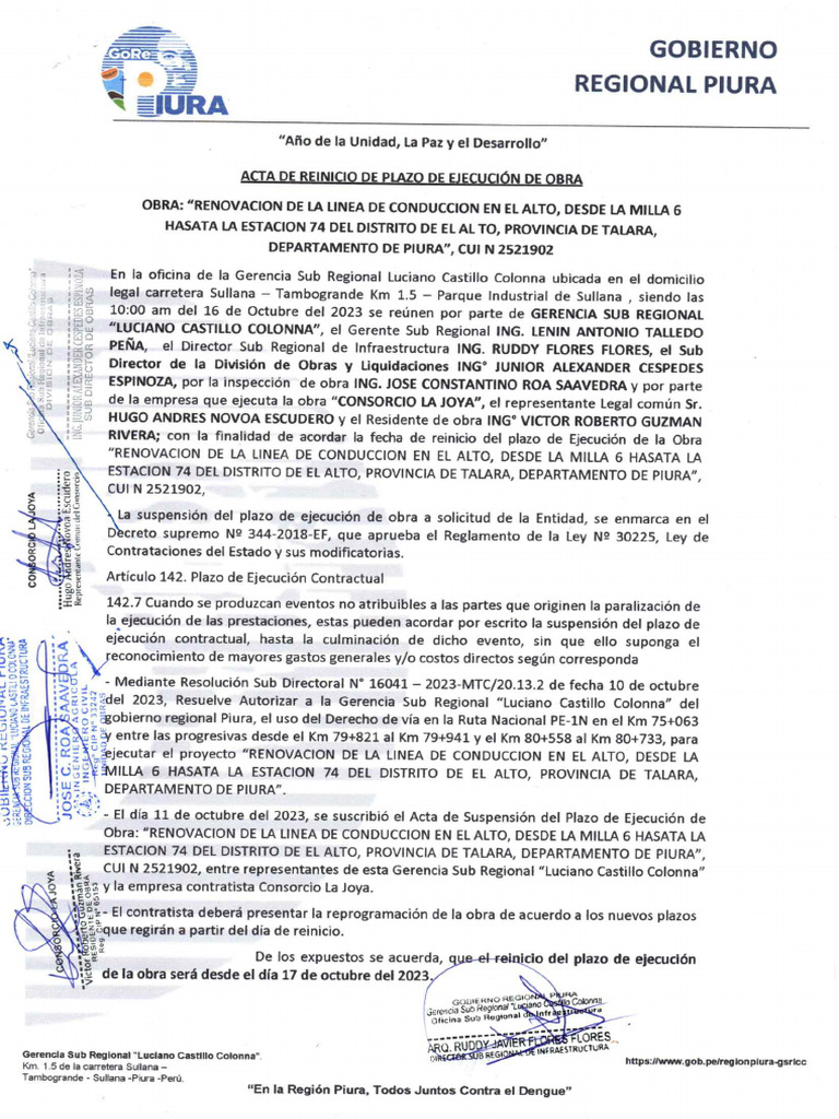 ACTA DE REINICIO DE PLAZO DE EJECUCIÓN DE OBRA | PDF