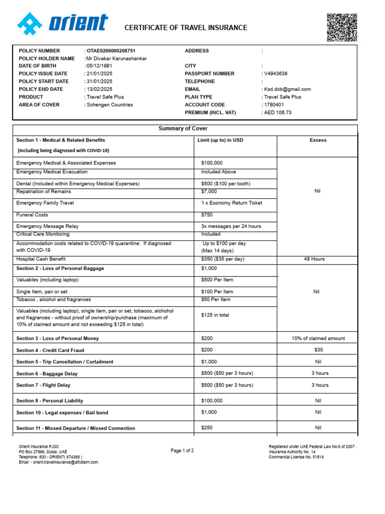 Certificate of Travel Insurance | PDF | Insurance