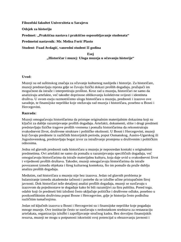 Fuad Avdagić Esej No. 3 Historicar I Muzej | PDF