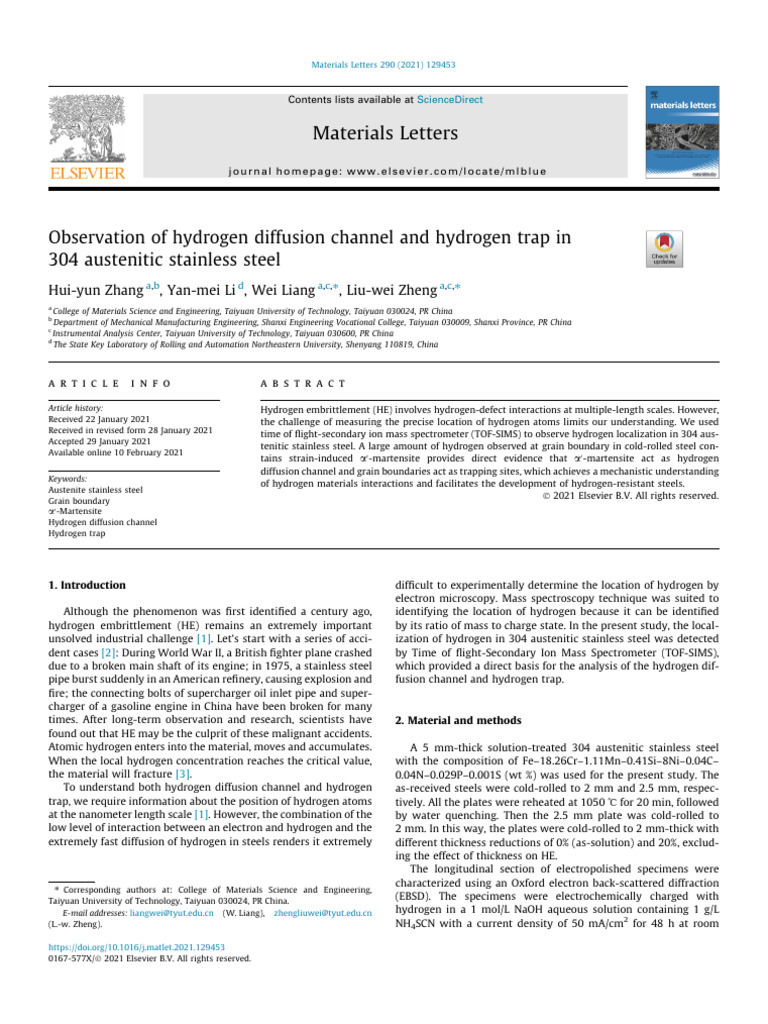 2021 Observation of Hydrogen Diffusion Channel and Hydrogen Trap in 304 ...