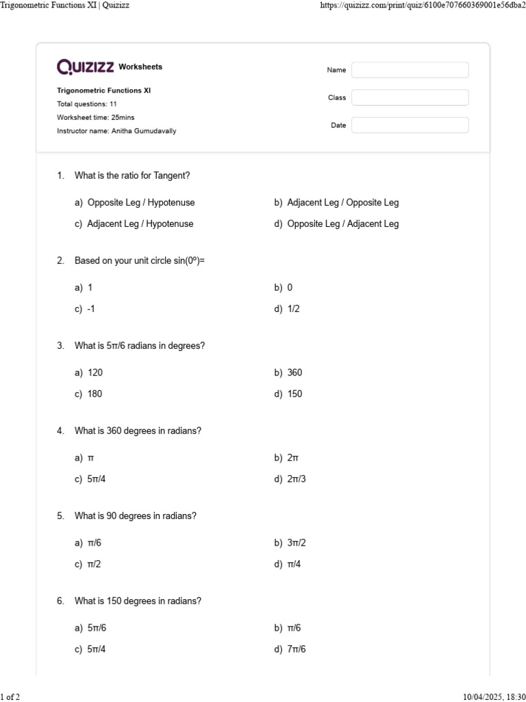 Trigonometric Functions Worksheet XI | PDF | Trigonometric Functions ...