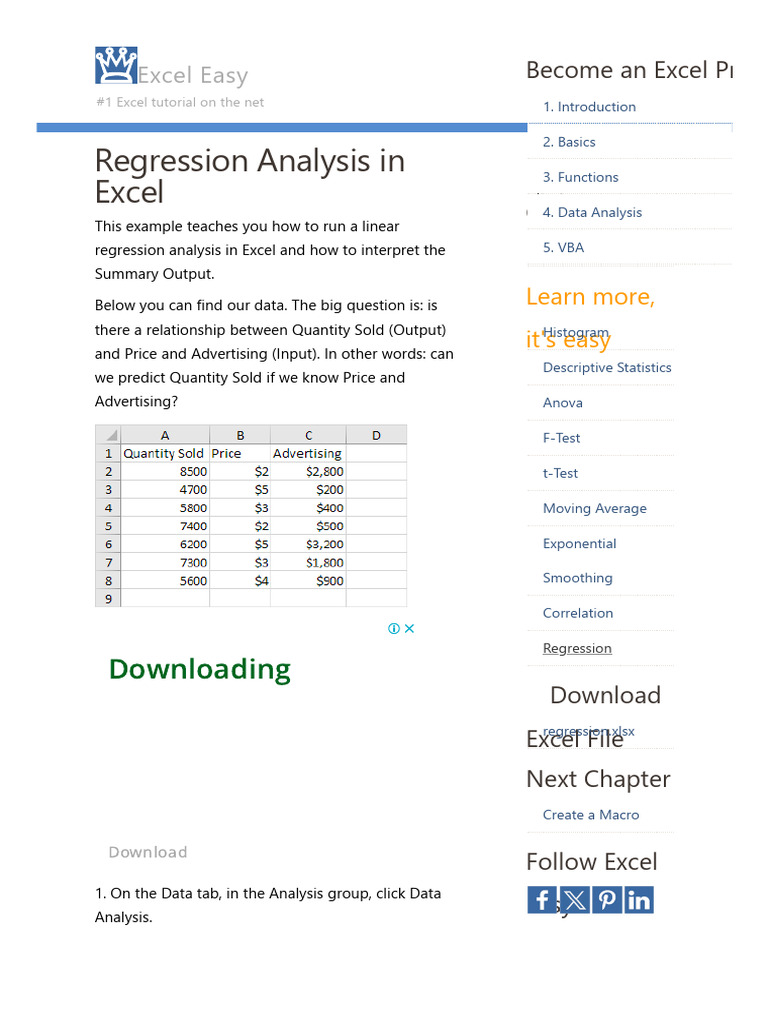 Regression Analysis in Excel - Step by Step Tutorial | PDF | Regression Analysis | Microsoft Excel