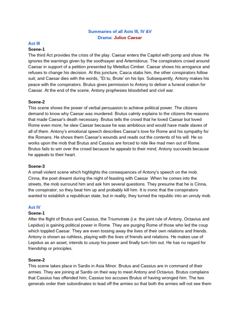 Summaries of All Acts III, IV &V | PDF | Mark Antony | Julius Caesar