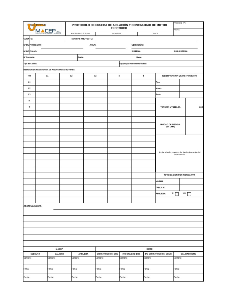 Copia de MACEP-PRO-ELE-032 PROTOCOLO DE PRUEBA DE AISLACIÓN | PDF ...