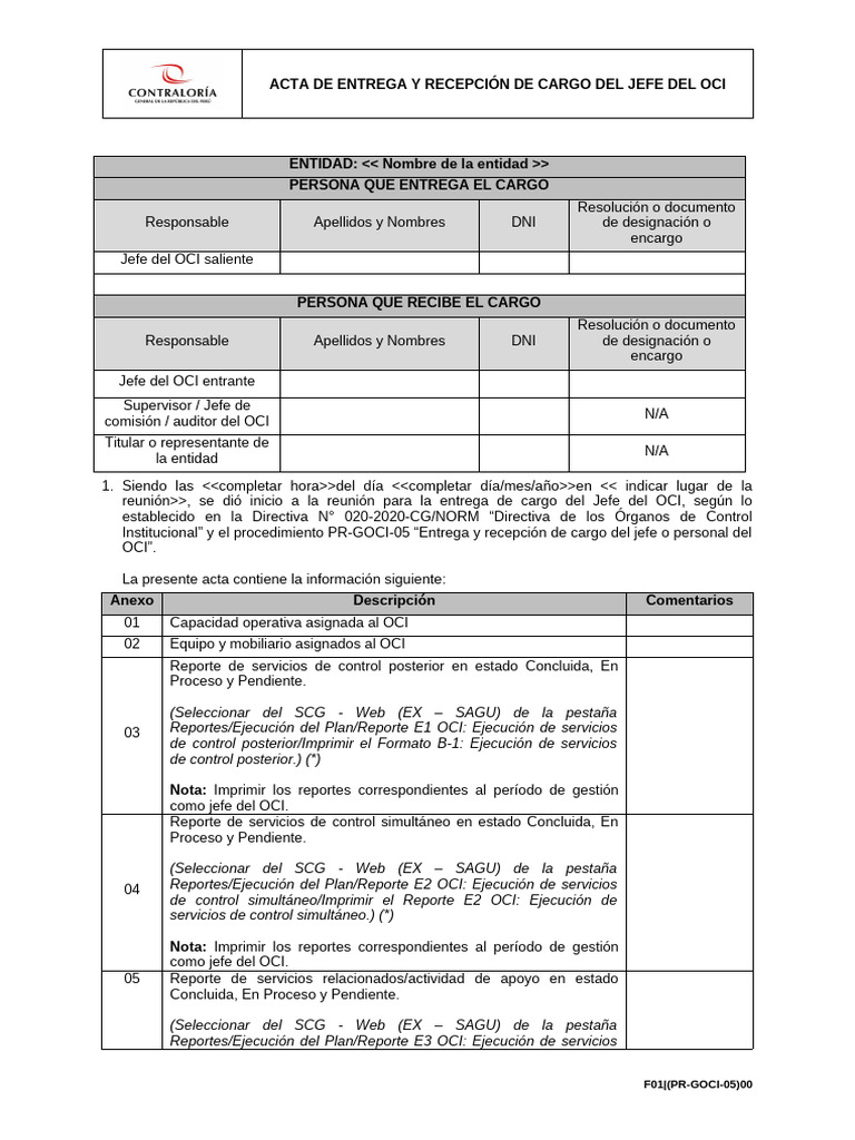F01 (PR-GOCI-05) Acta de Entrega y Recepción de Cargo Del Jefe Del OCI ...