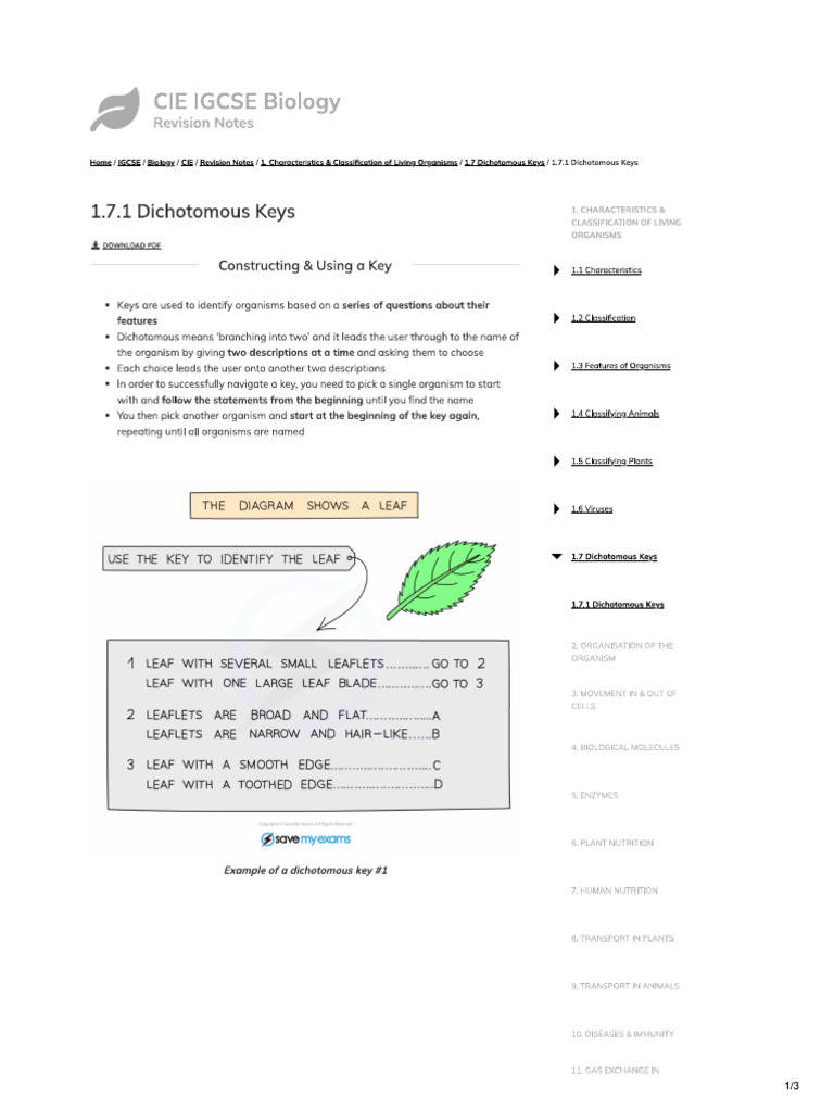 Dichotomous Keys (1.7.1) - CIE IGCSE Biology Revision Notes 2020 - Save ...