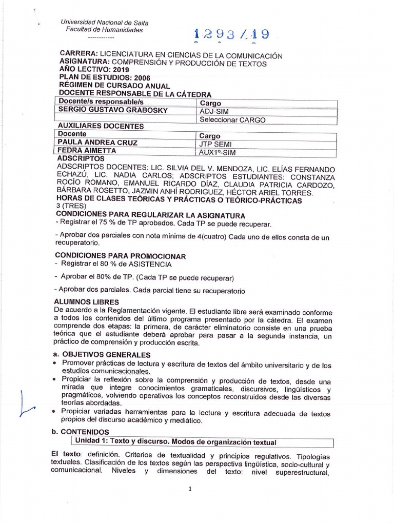Comprensión y Producción de Textos P05 - 2019 | PDF