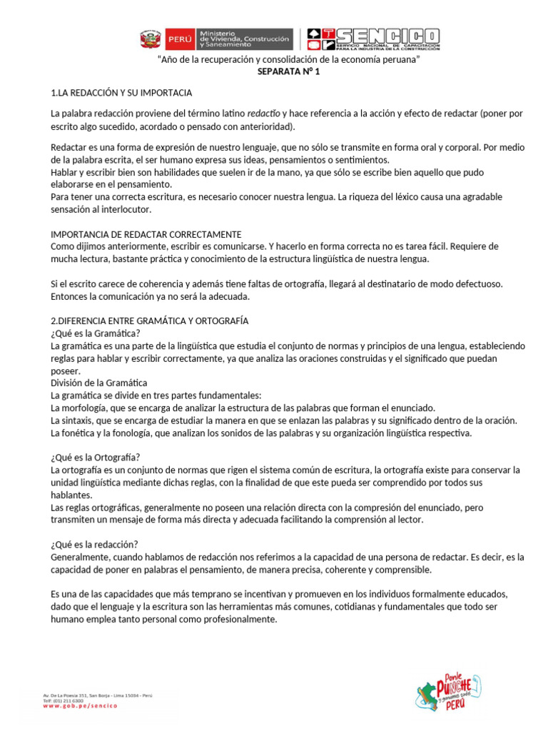 Separata #01 La Redacción y Su Importancia | PDF | Palabra | Escritura