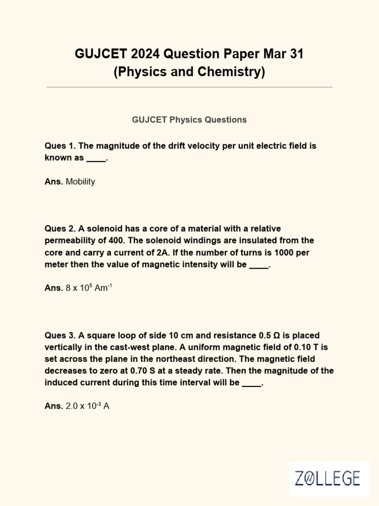 GUJCET 2024 Physics and Chemistry Questions | PDF | Inductance | Light