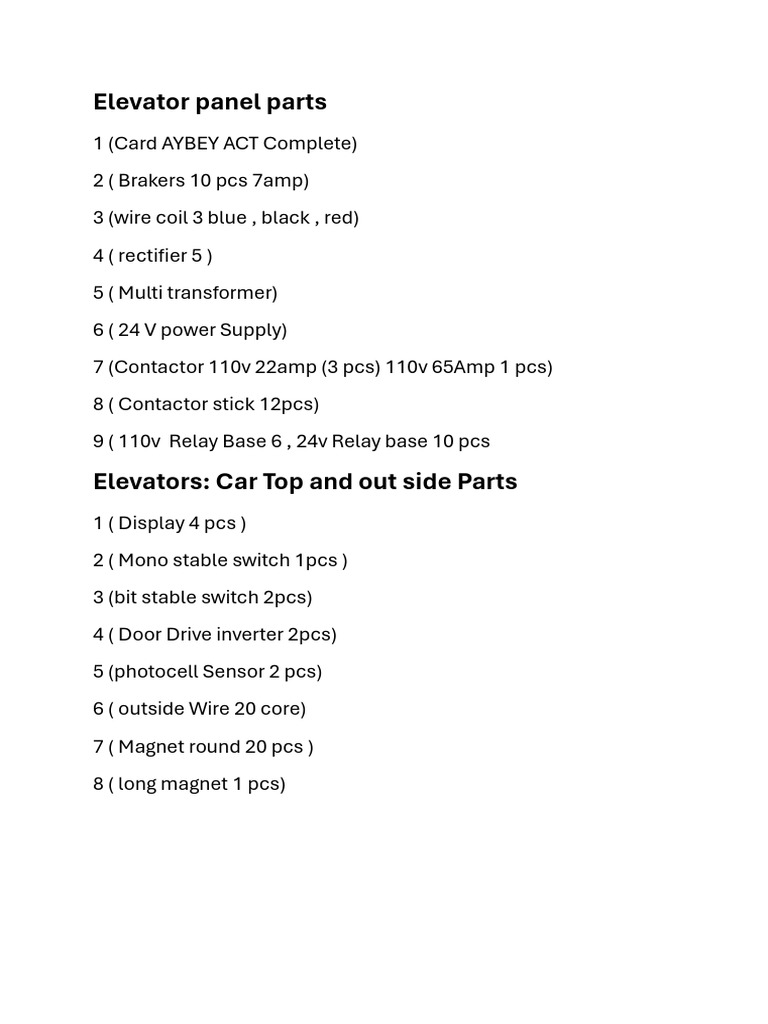 Elevator Panel and Car Parts List | PDF