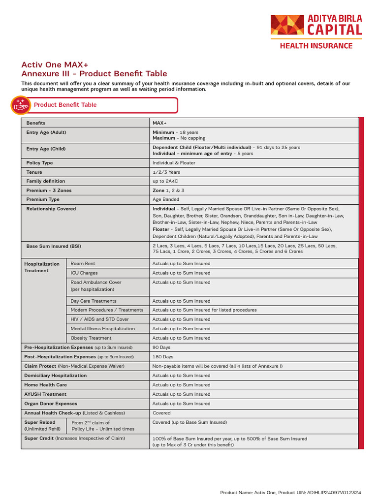 Activ One MAX+ Health Insurance Benefits | PDF | Chronic Condition ...
