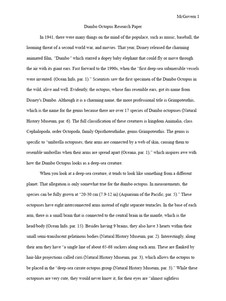 Dumbo Octopus Research Paper | PDF | Octopus | Zoology