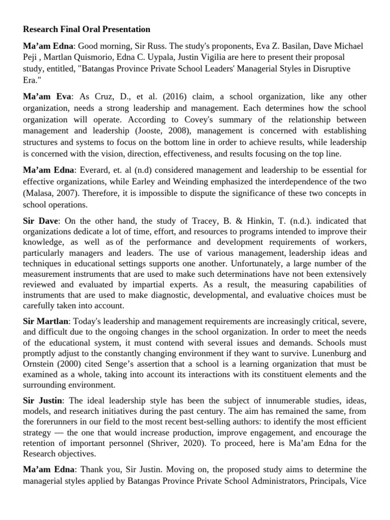 Research Final Oral Presentation Script | PDF | Sampling (Statistics ...