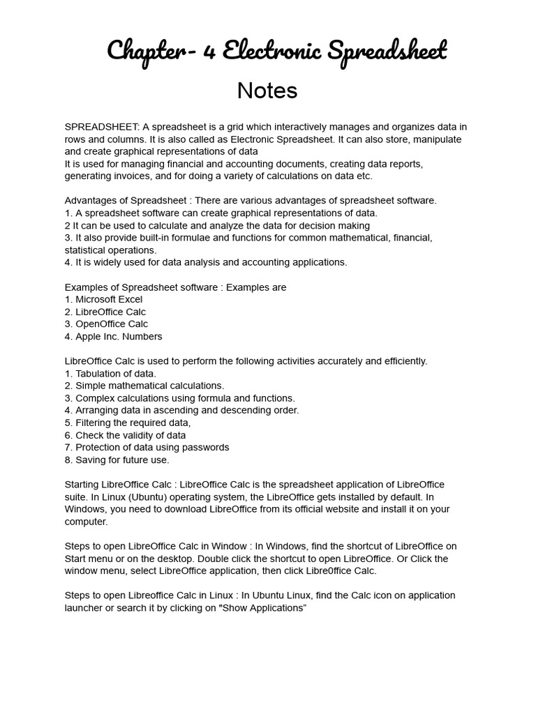 Chapter-4 Electronic Spreadsheet | PDF | Spreadsheet | Worksheet