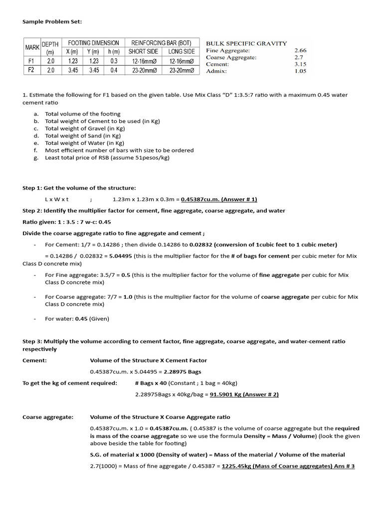 Sample Problem Set Concrete Mix | PDF | Density | Concrete