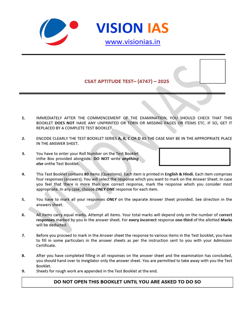 VISION IAS Prelims 2025 CSAT Test 12 Question | PDF