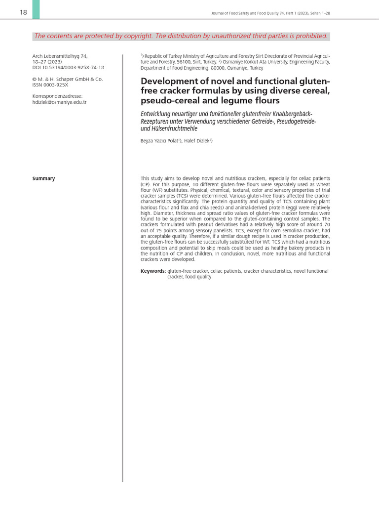 Development of novel and functional glutenfree cracker formulas by using diverse cereal, pseudo ...